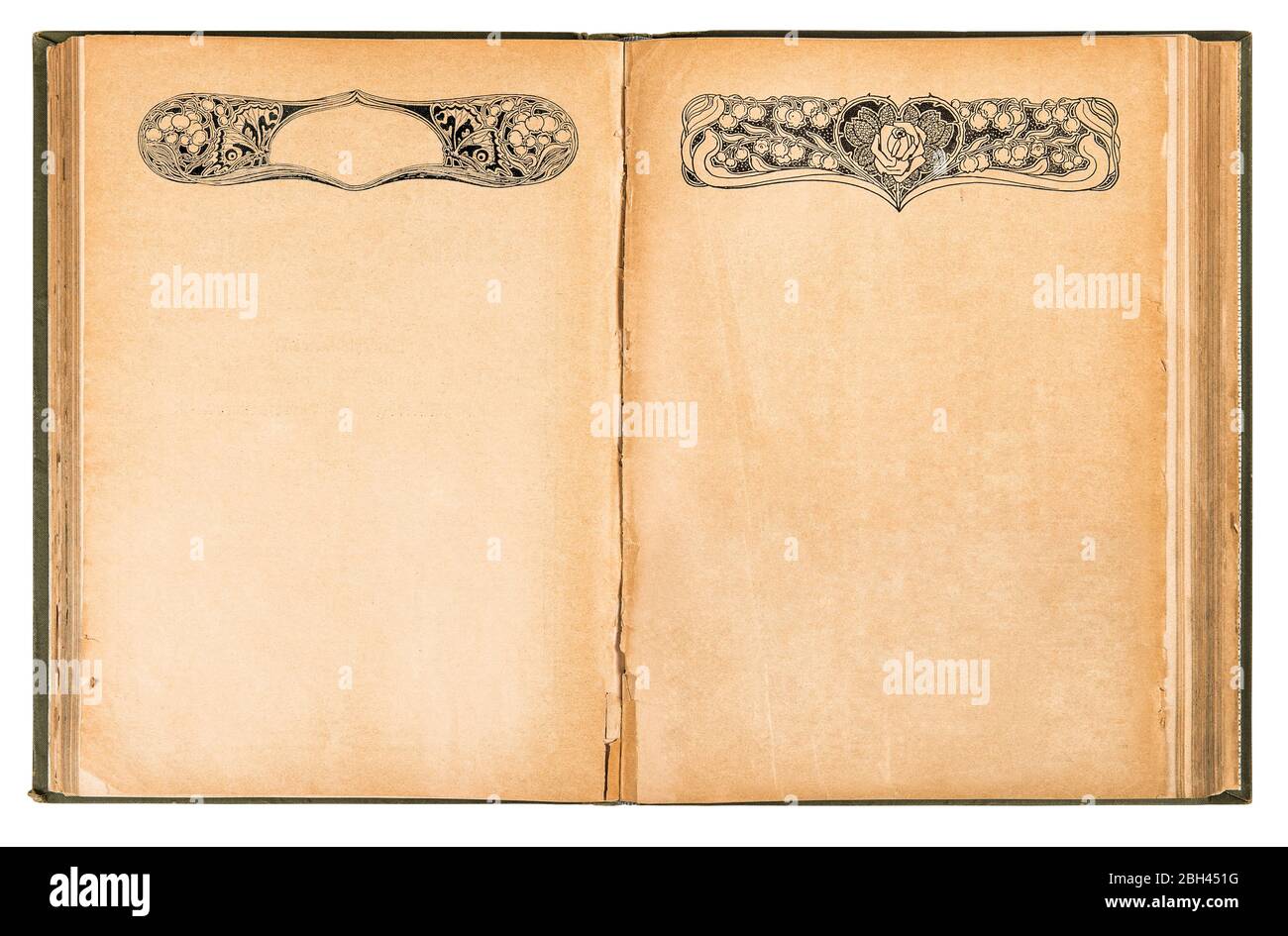 Open vintage book with used paper pages isolated on white background ...