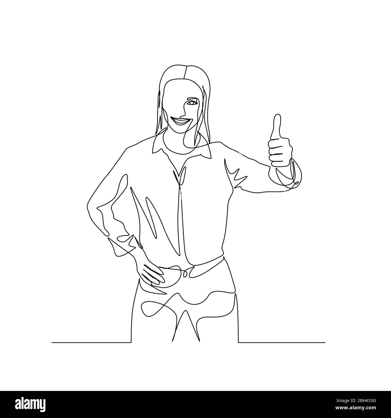 Continuous one line beautiful woman in shirt shows thumb and smile. Big ...