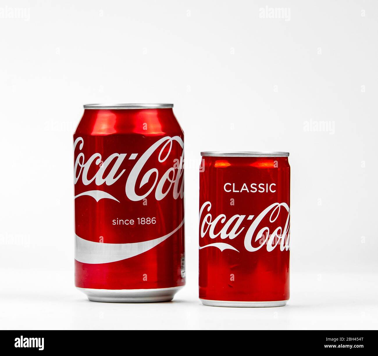 Atlanta, Georgia, USA April 4, 2020: Two cans of Coca-Cola classic ...
