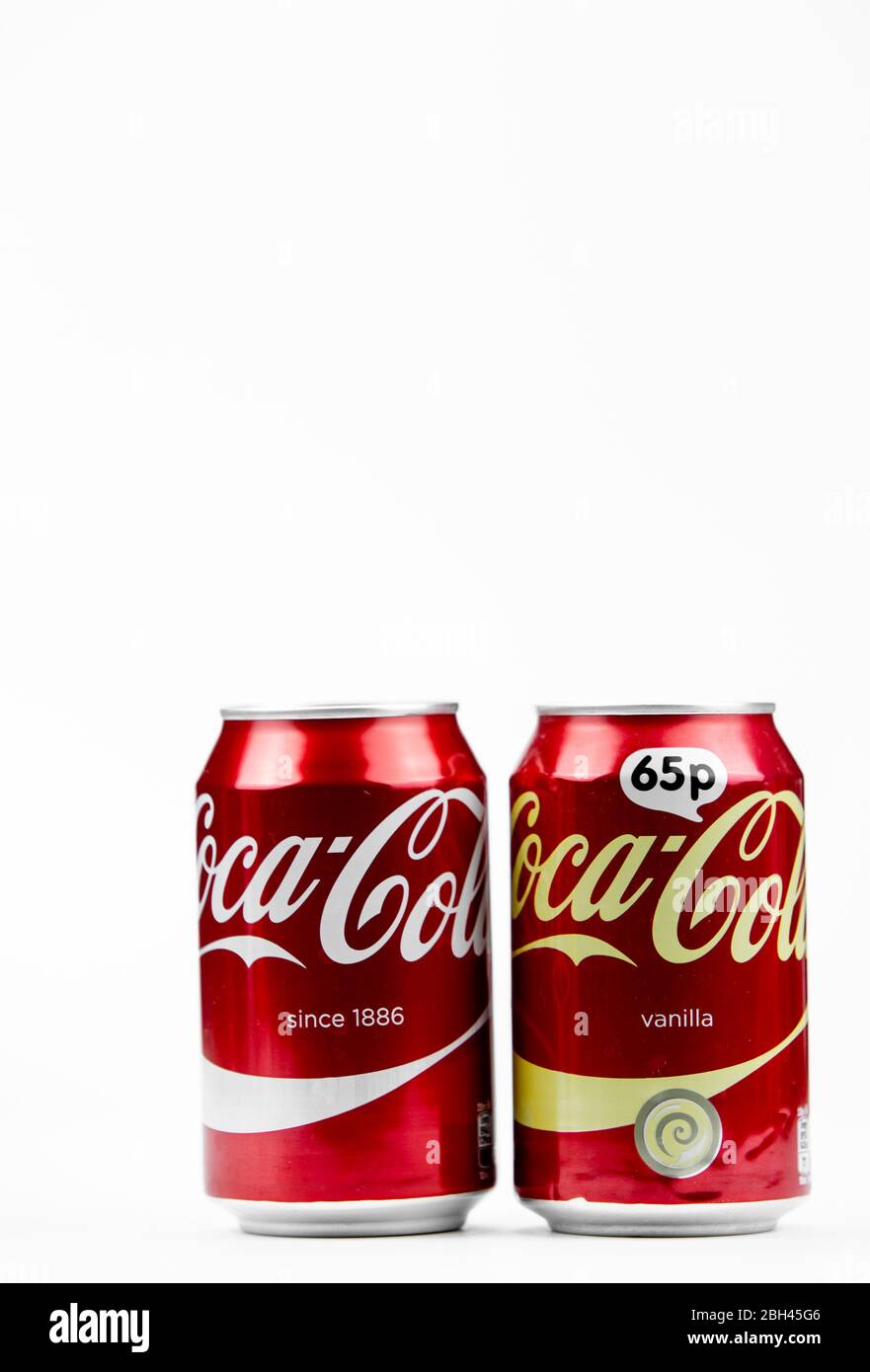 Atlanta, Georgia, USA April 4, 2020: Two cans of Coca-Cola classic and ...