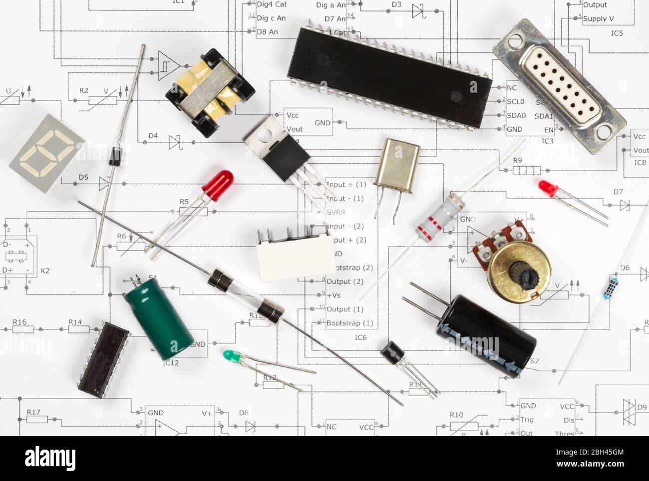 Different electronic parts or components on pcb wiring scheme ...