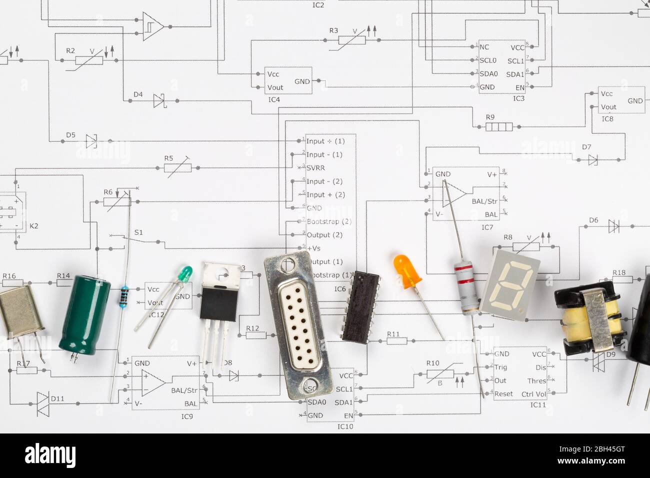 Different electronic parts or components on pcb wiring scheme ...