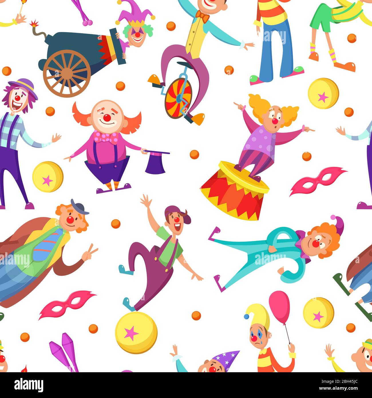 Background for greeting cards. Seamless pattern with funny clowns in ...
