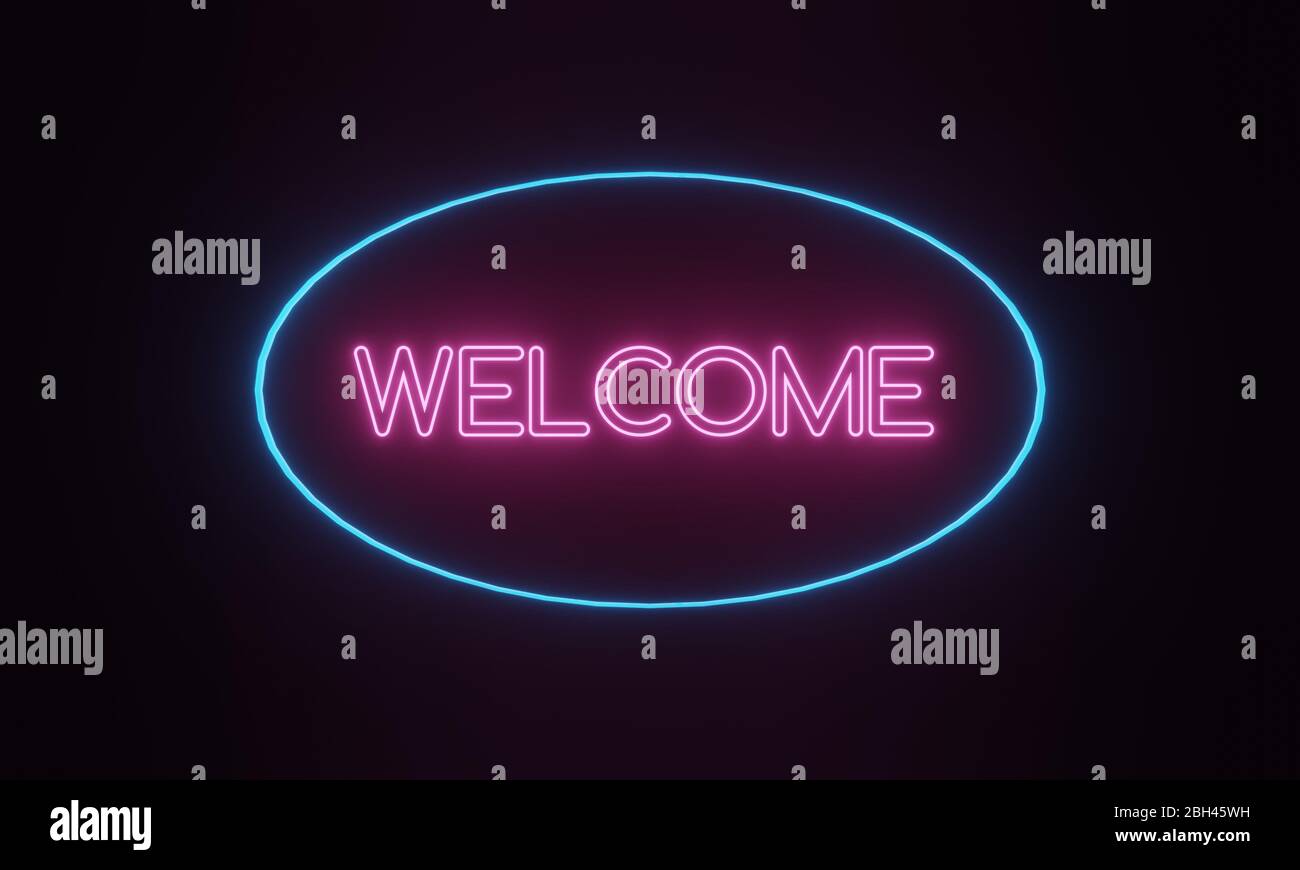 3D rendering of a bright pink and blue neon welcome sign isolated ...