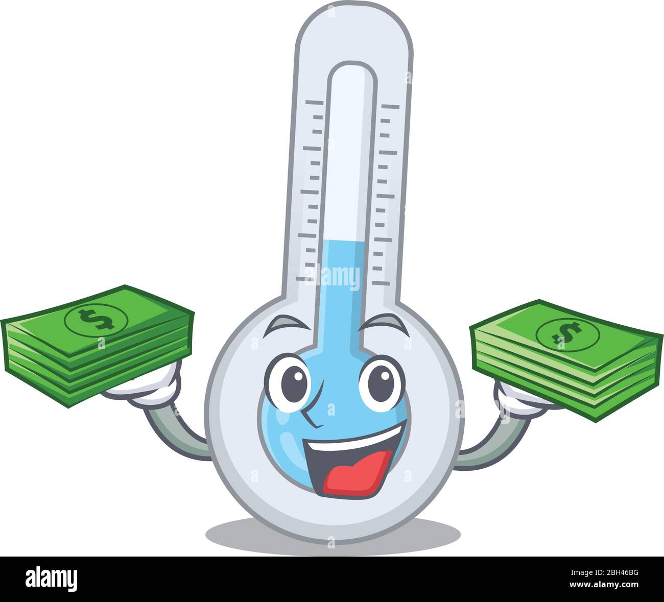 A wealthy cold thermometer cartoon character having money on hands ...