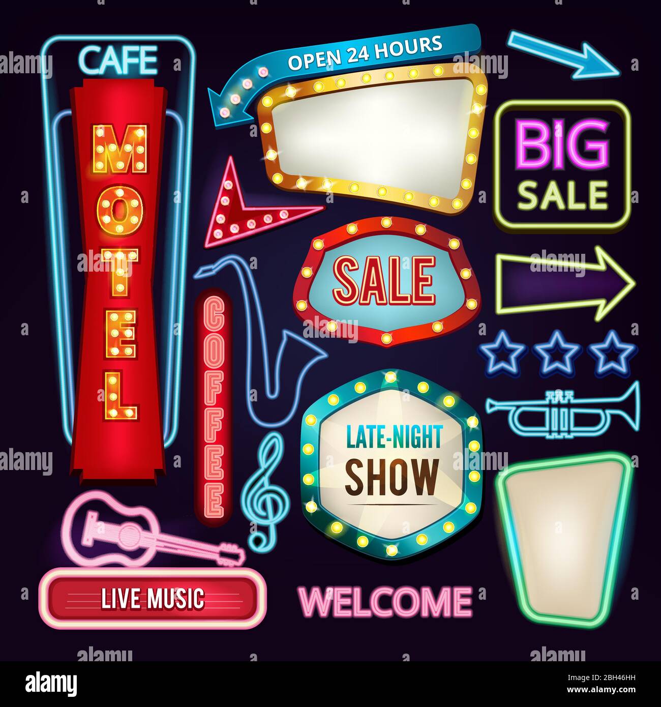 Set of light signs, boards and arrows. Retro neon banners for ...