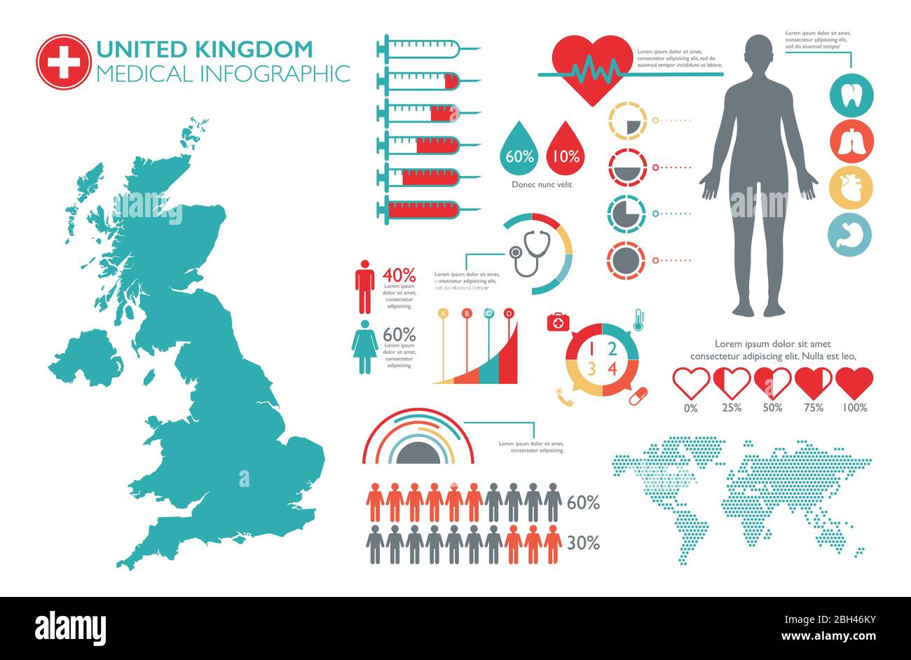 UK medical healthcare infographic template with map and multiple charts ...