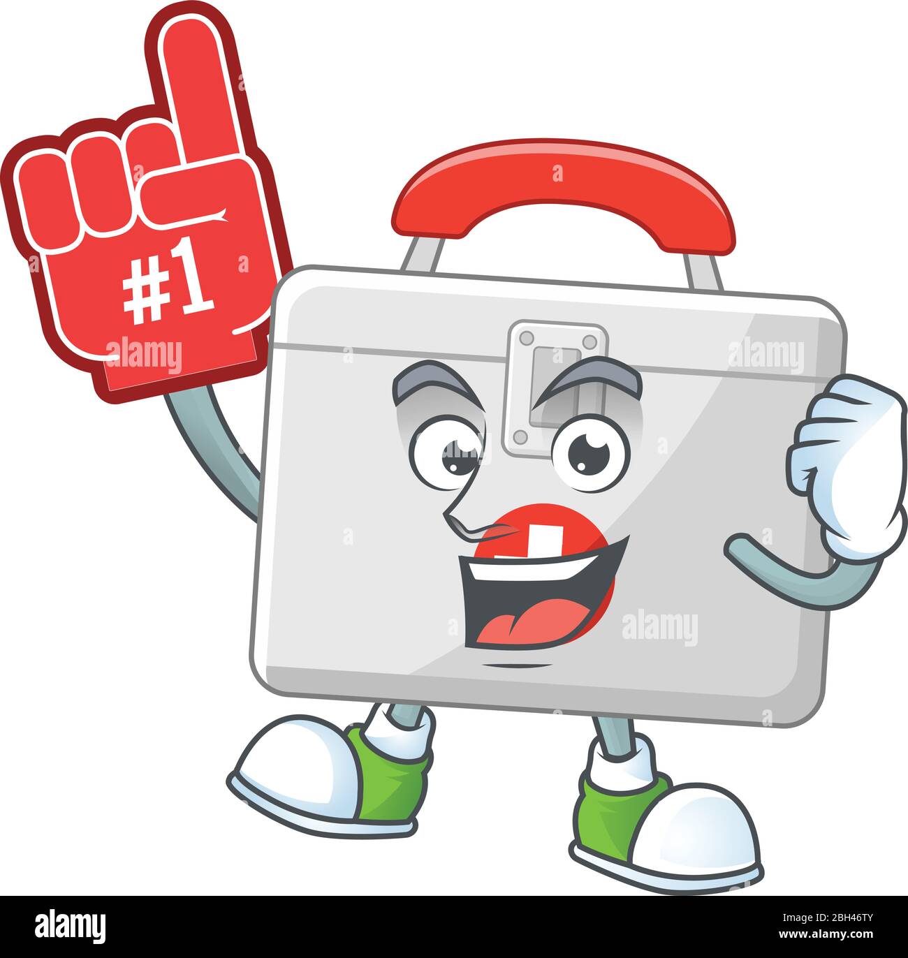 Cartoon character concept of first aid kit holding red foam finger ...