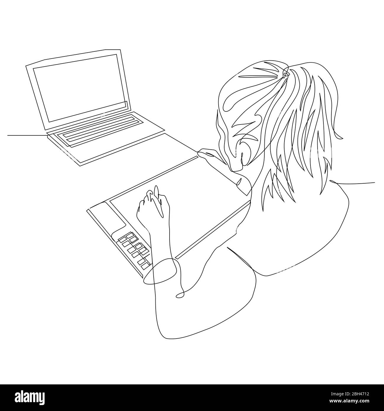 Continuous one line woman drawing with help graphic tablet and notebook ...