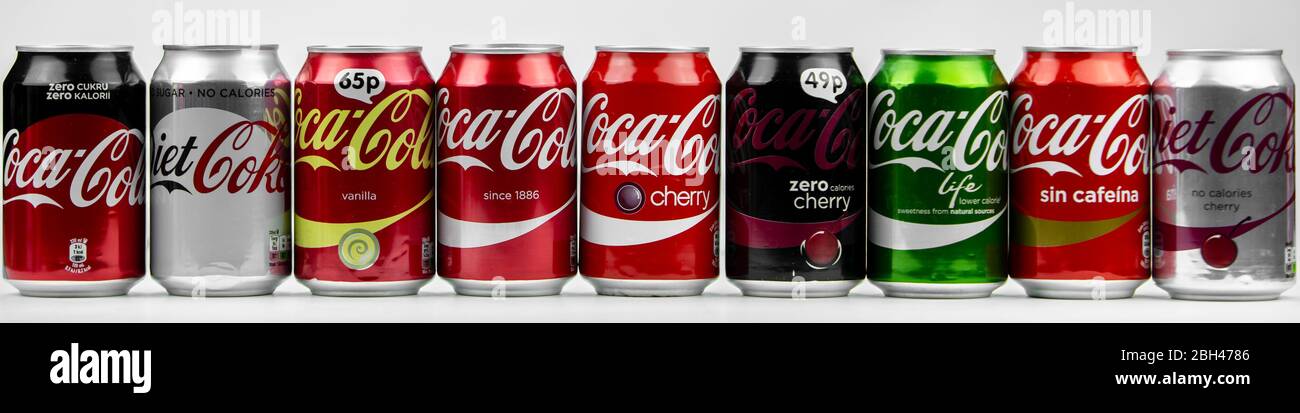 Atlanta, Georgia, USA April 4, 2020: several aluminum cans of Coca-Cola ...