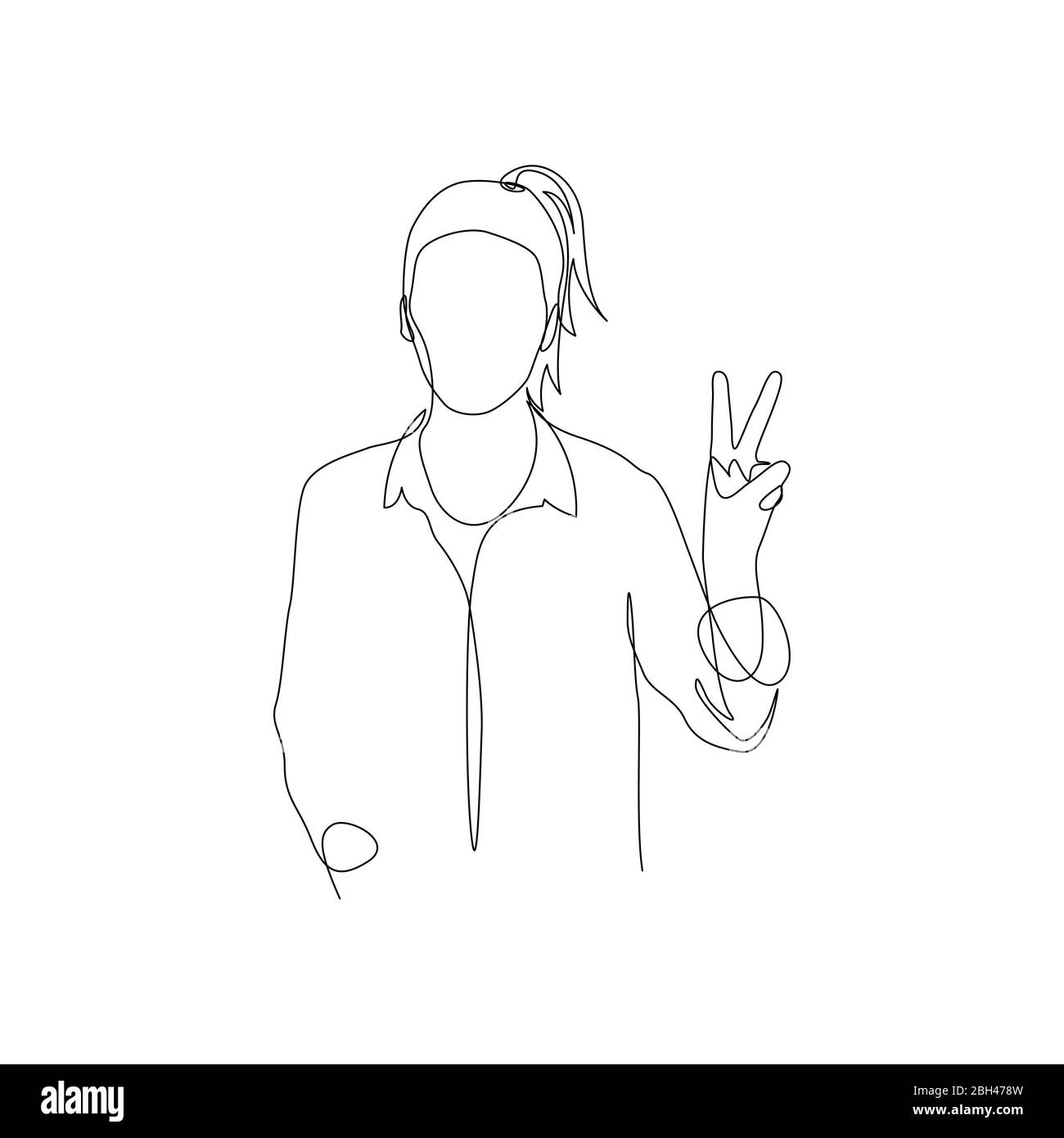 Continuous one line woman make a victory sign with hand. Vector Stock ...
