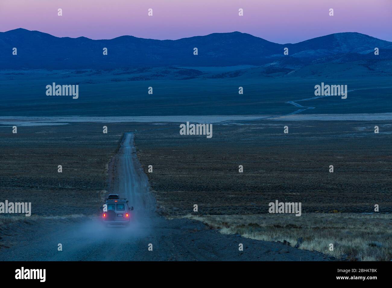 Camper van leaving the old silver and gold mining ghost town of Berlin ...