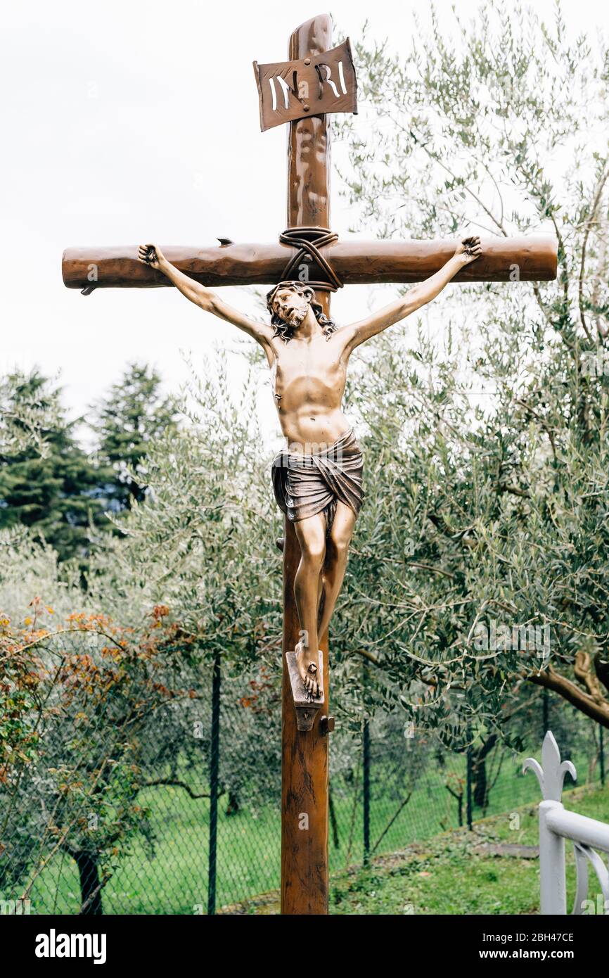 The crucifixion of Jesus Christ. A wooden statue in the park, among the ...