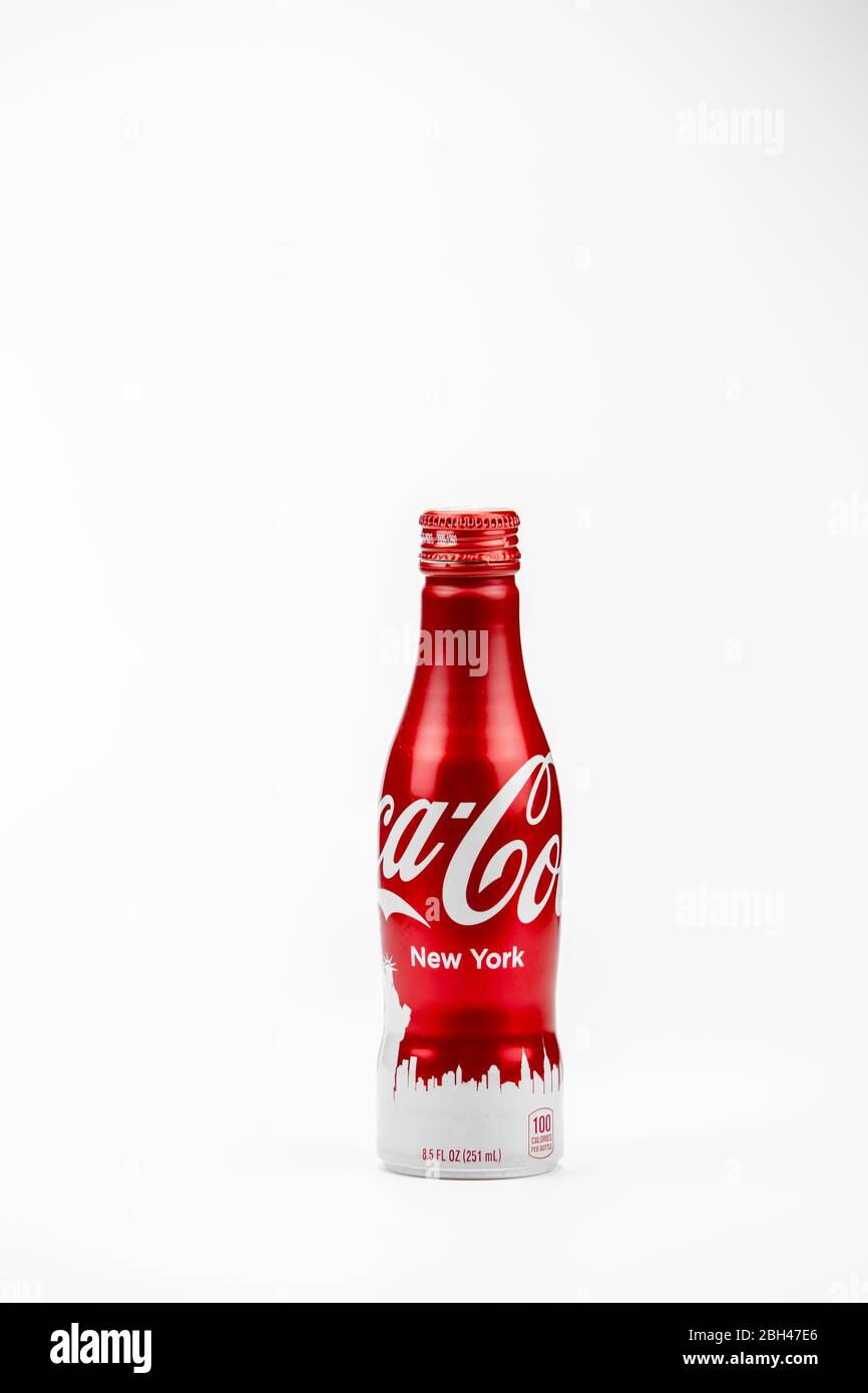 New York, USA 11.01.2020 Coca-Cola aluminum recyclable bottle isolated ...