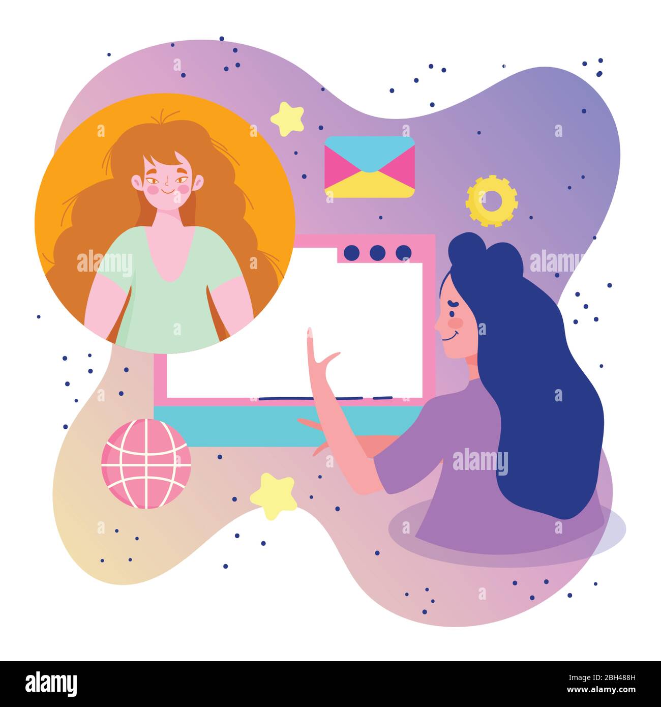 meeting online, women computer conference network cartoon vector ...