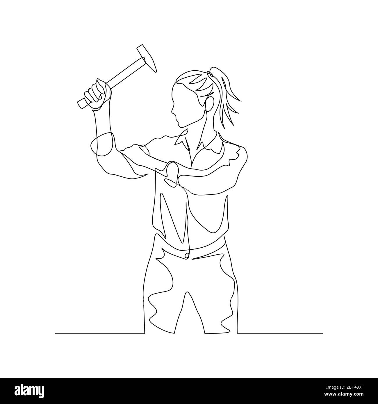 Continuous one line woman holds hammer in hand raised up. Vector Stock ...