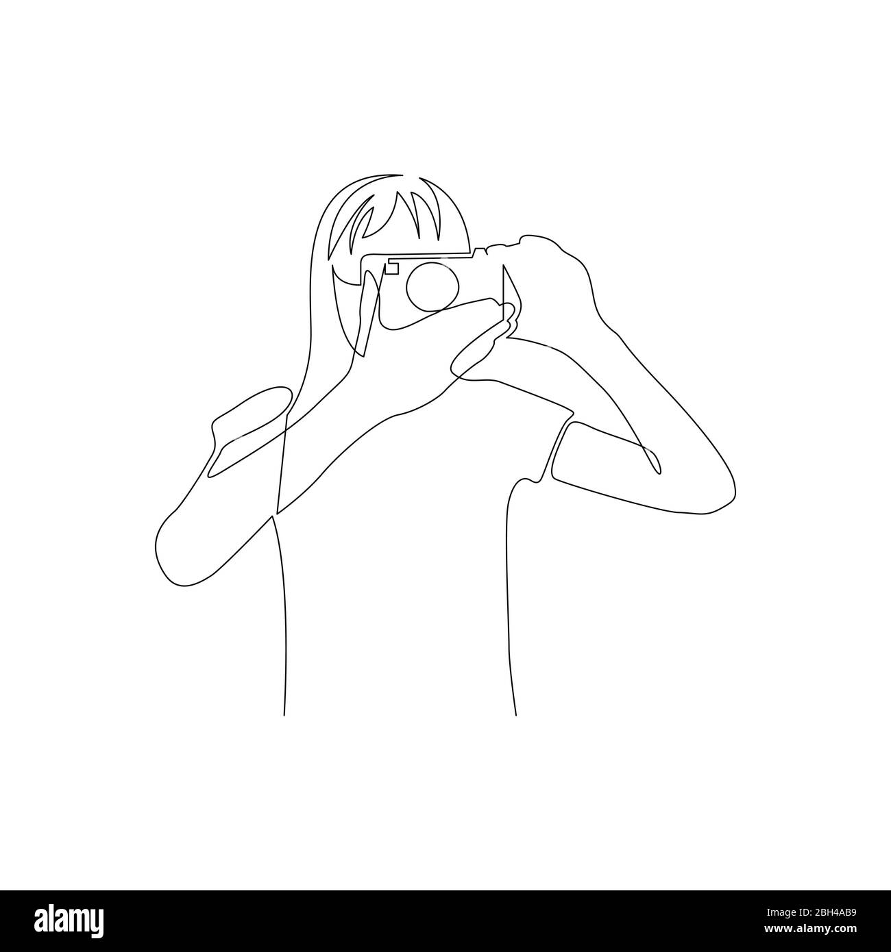 Continuous one line woman takes pictures on camera. Front view. Vector ...