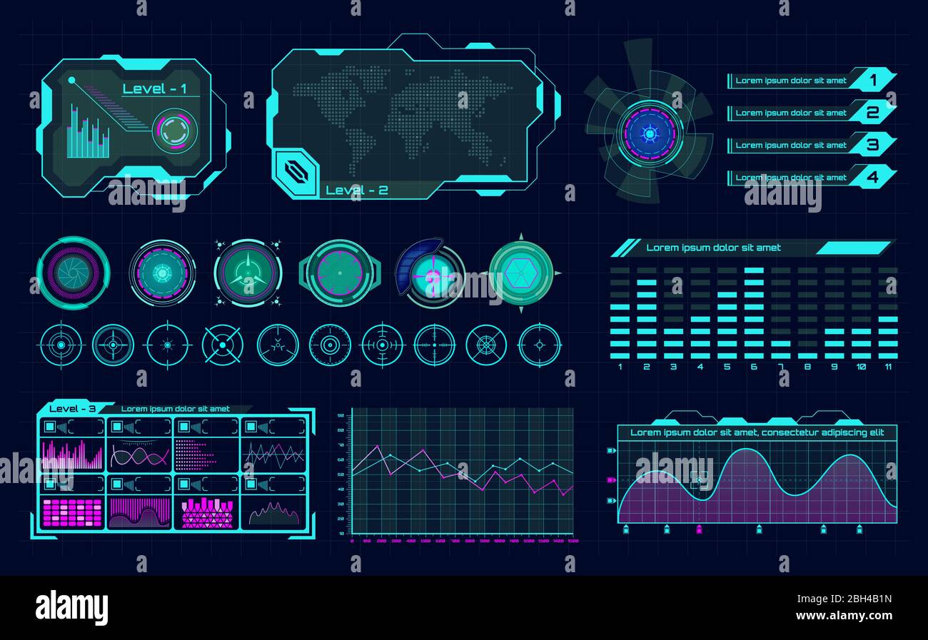 Futuristic hologram ui. Infographic graph interface, virtual hud frames and digital bar ...