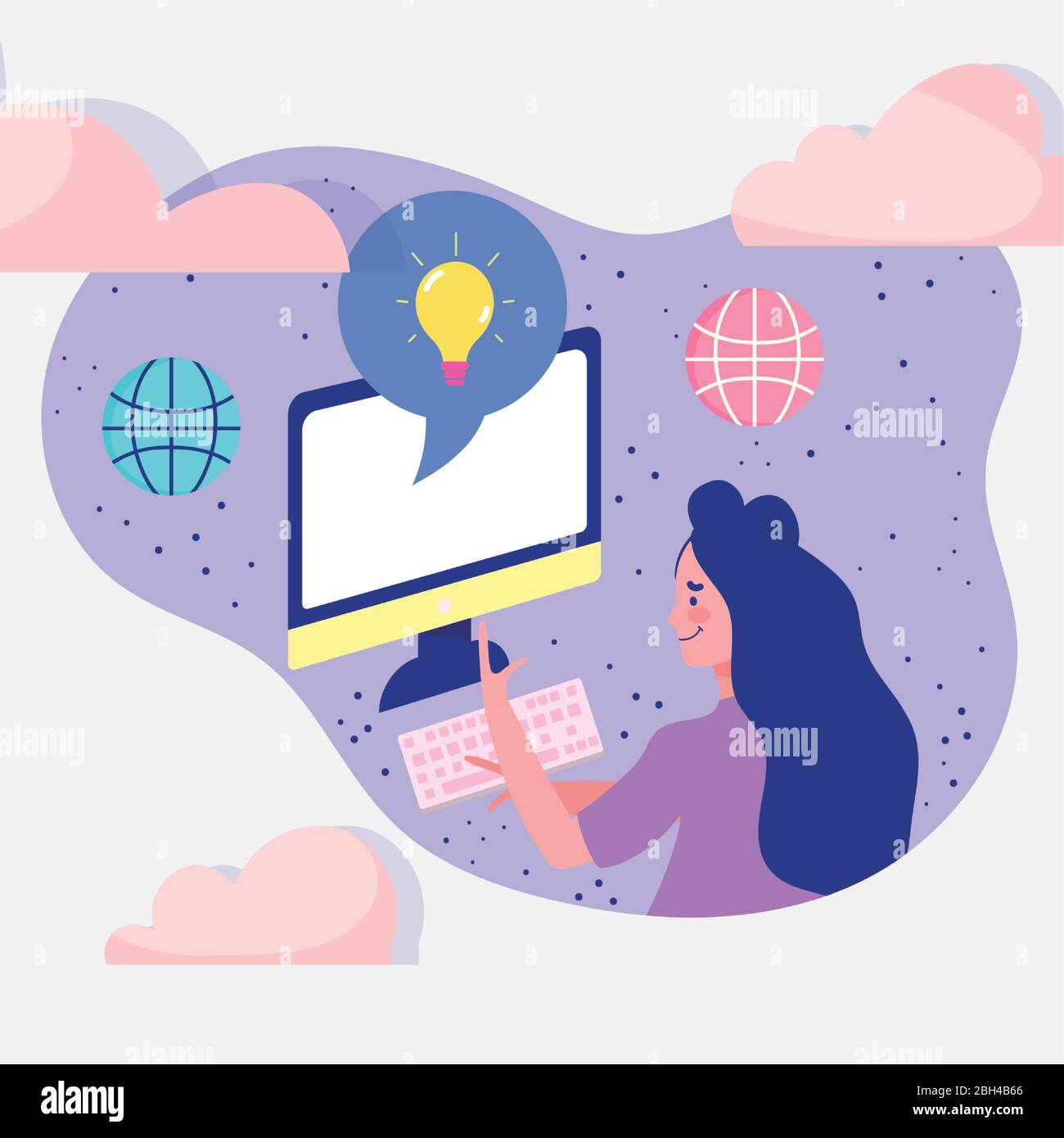 meeting online, woman using computer, world connected cartoon vector ...