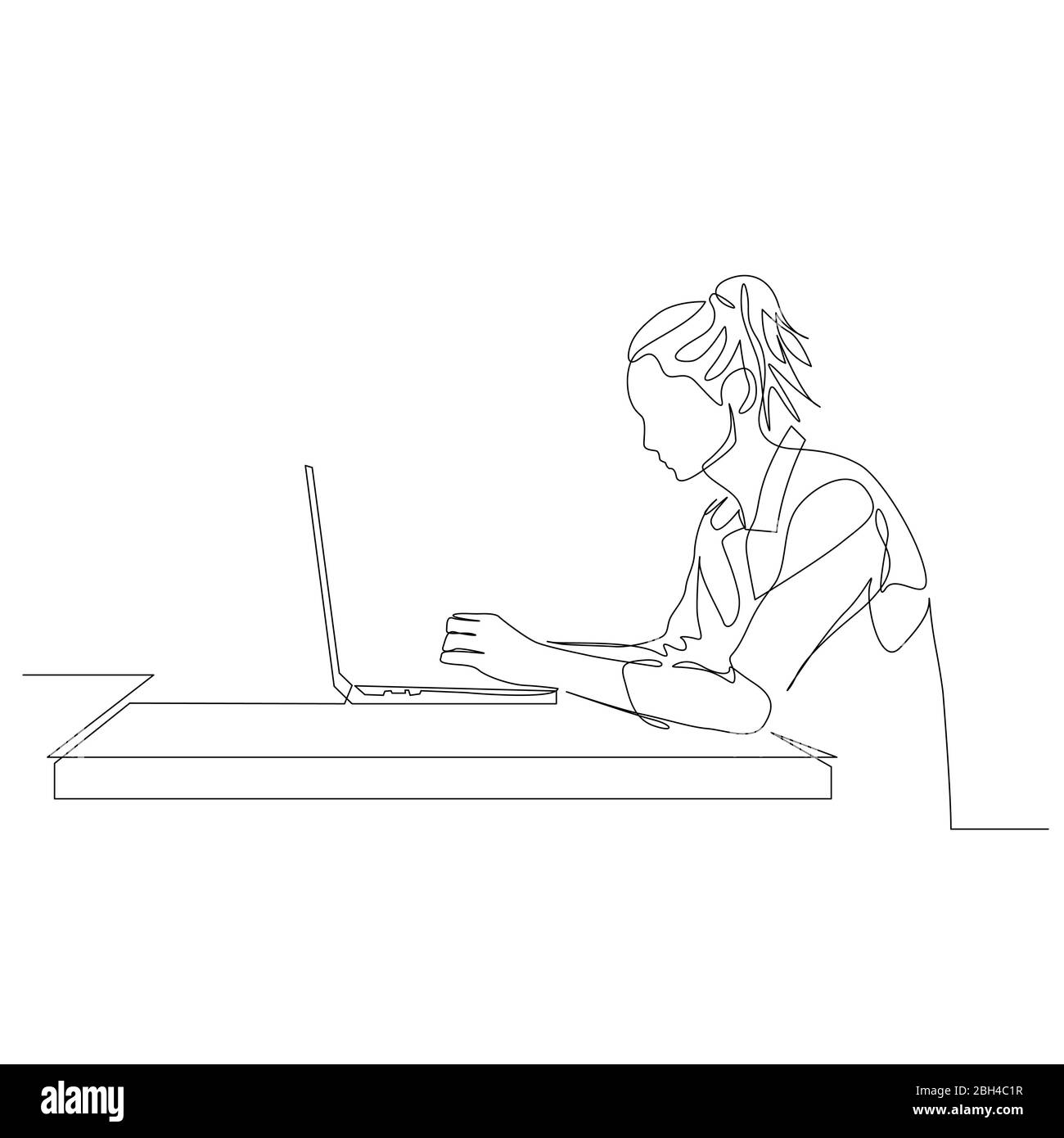 Continuous one line woman work with help laptop at the table. Side view ...
