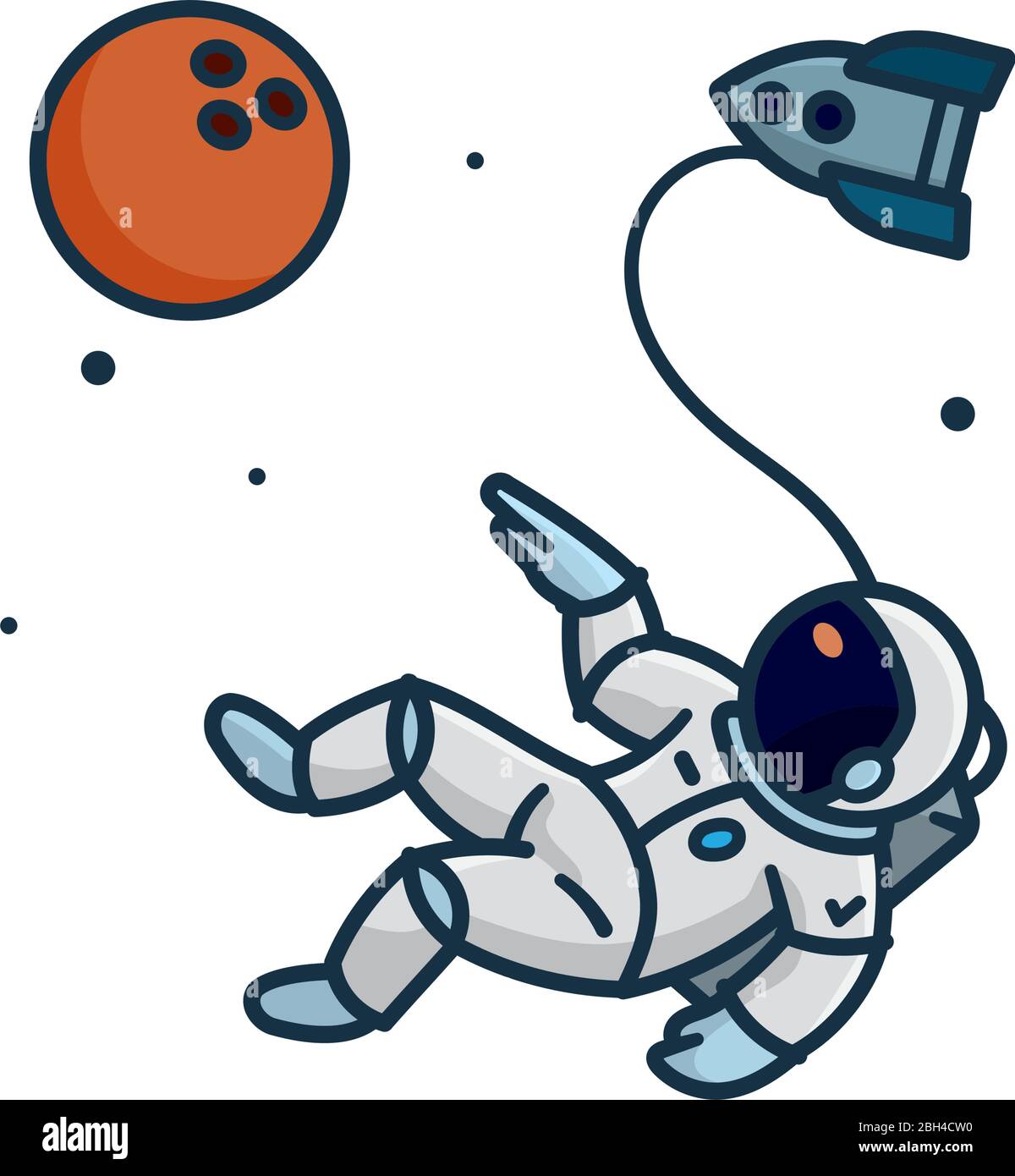 Astronaut walking in space, pointing at bowling ball shaped planet ...