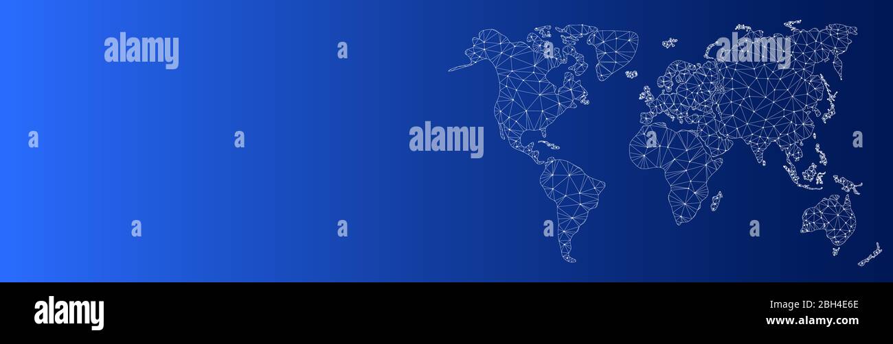 Blue banner. Polygonal world map. White contour continents. Trendy ...