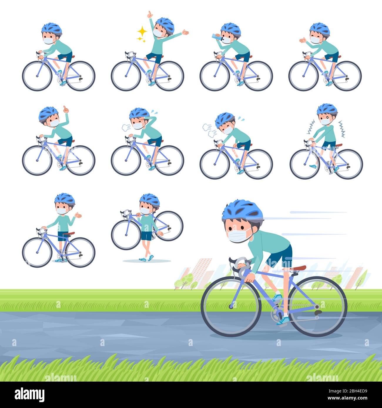 A set of boy wearing mask on a road bike.There is an action that is ...