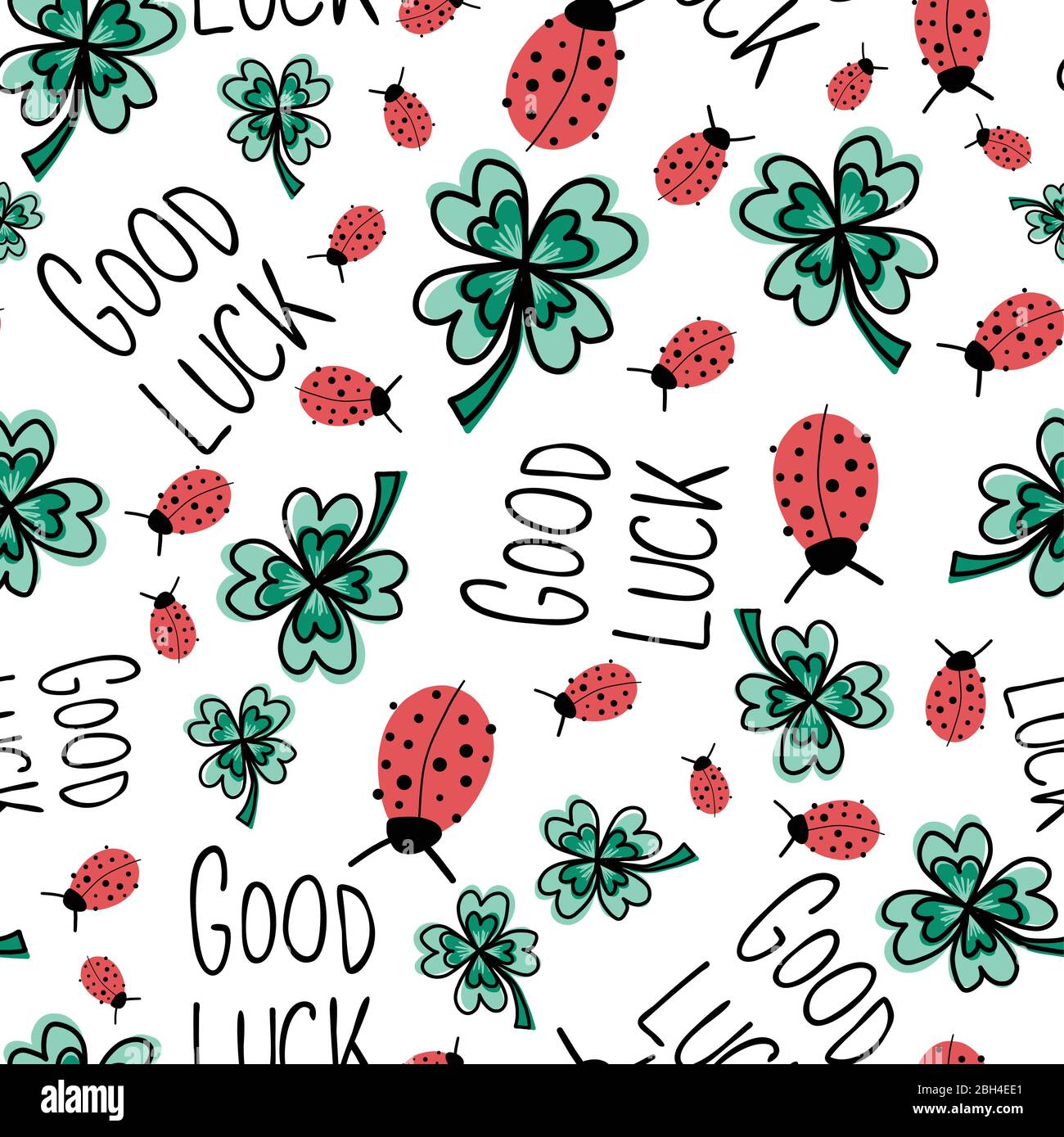 Good luck charms seamless vector pattern. Ladybug, four-leaf clover ...