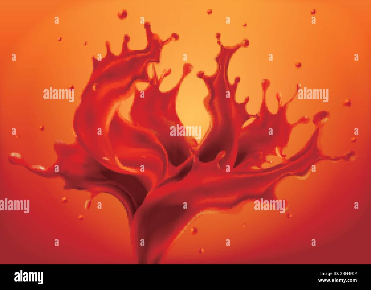 Realistic splashes of red liquid frozen in air on orange background, as ...