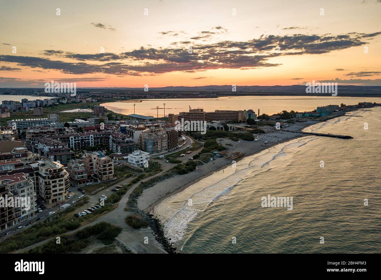 Aerial view of Pomorie city that is located on Black Sea shore. Top ...