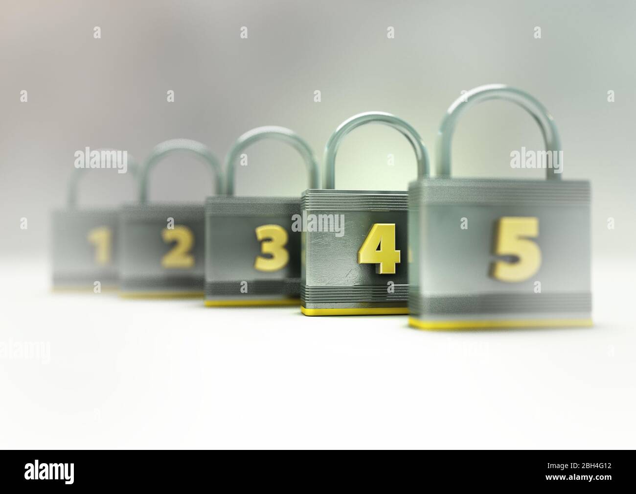 3D render of padlock with the numbers one to five embossed on them with ...