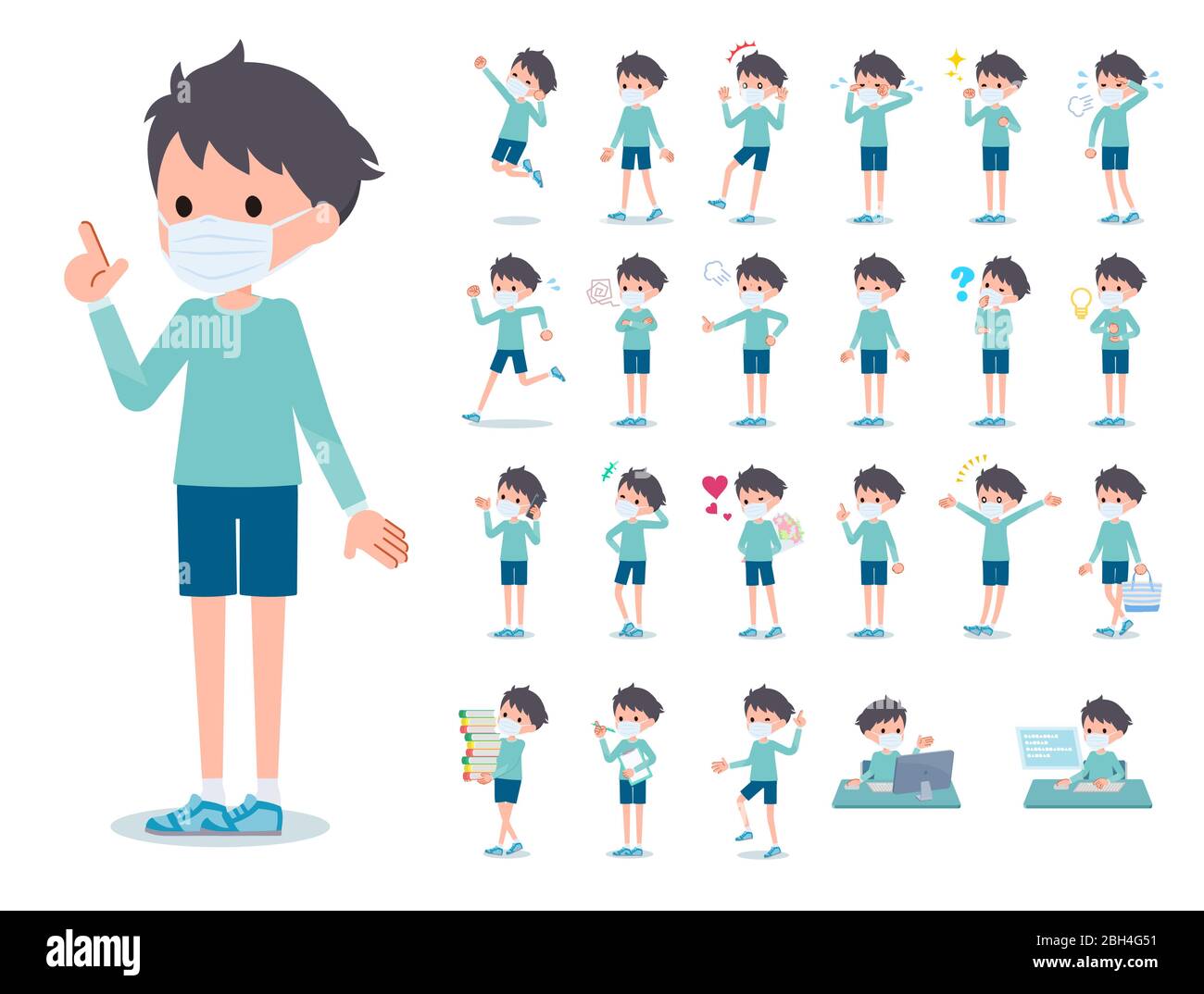 A set of boy wearing mask with who express various emotions. It's ...