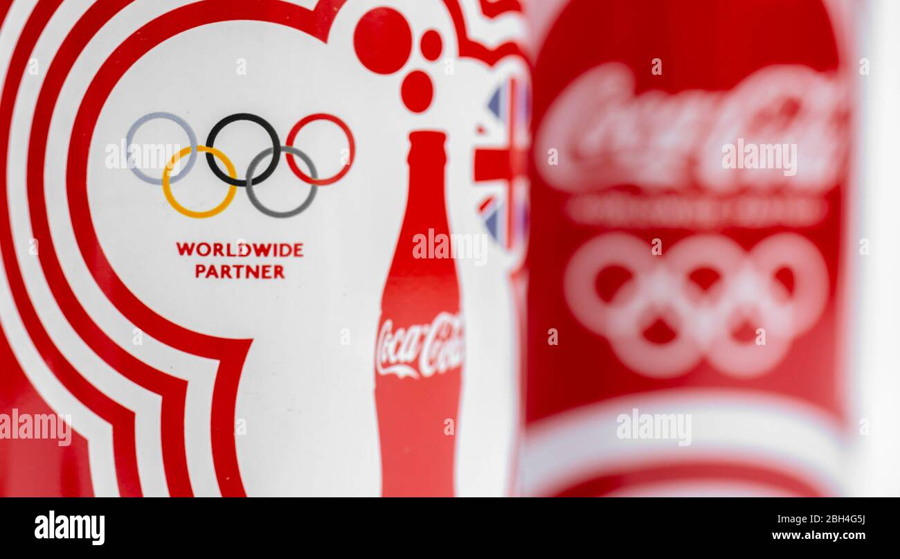 Atlanta, Georgia, USA April 4, 2020: Two cans of Coca-Cola classic ...