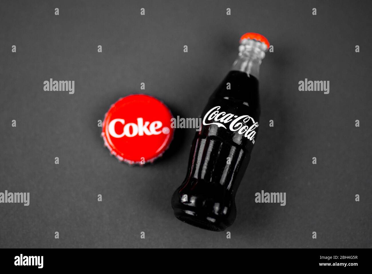 Atlanta, Georgia, USA April 1, 2020: closeup of coca cola toy bottle ...