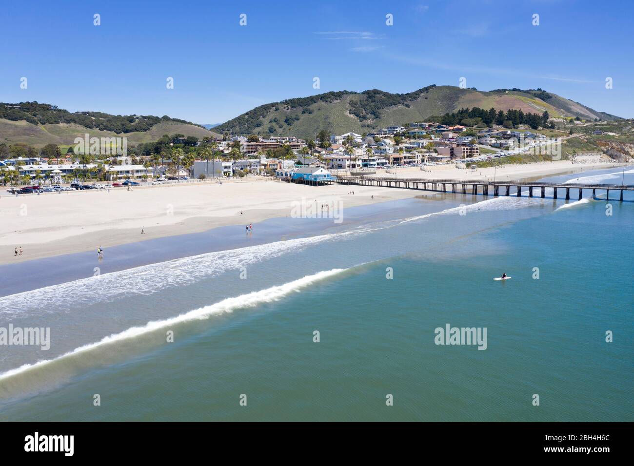 Aerial summer view above the beach and pier of Avila Beach, California ...