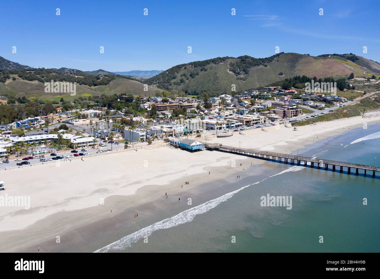 Aerial summer view above the beach and pier of Avila Beach, California ...