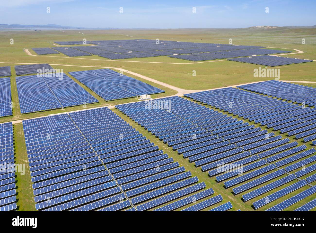 Aerial view above California Valley Solar Ranch on the Carrizo Plain in ...