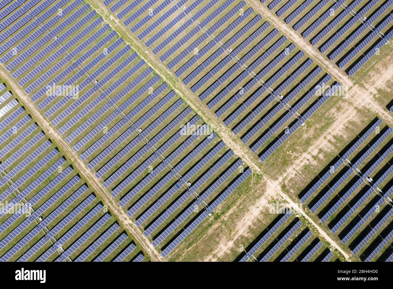Abstract aerial view of a field of PV solar cells in a neat row on the ...