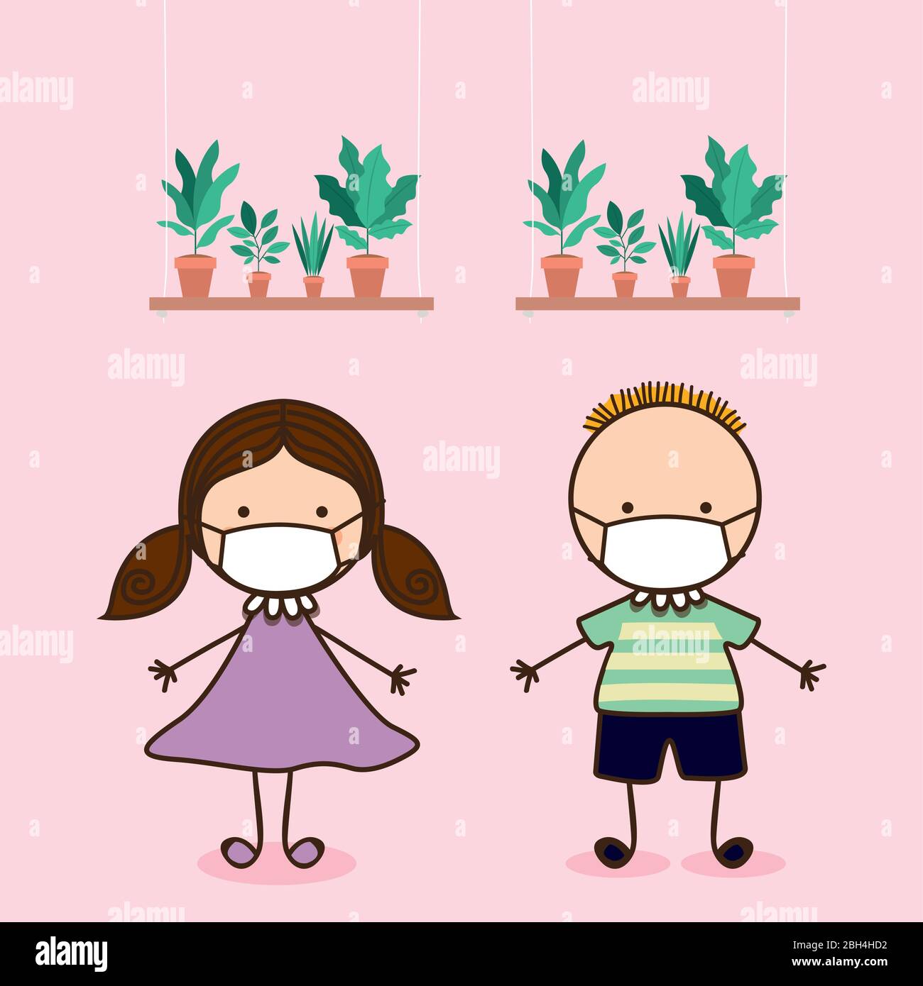 Boy and girl kids with masks against 2019 ncov virus vector design ...