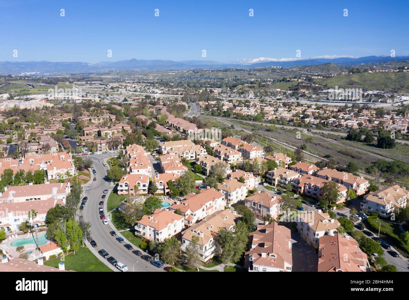 Aerial view above Canyon Country sprawl rows of homes north of Los ...