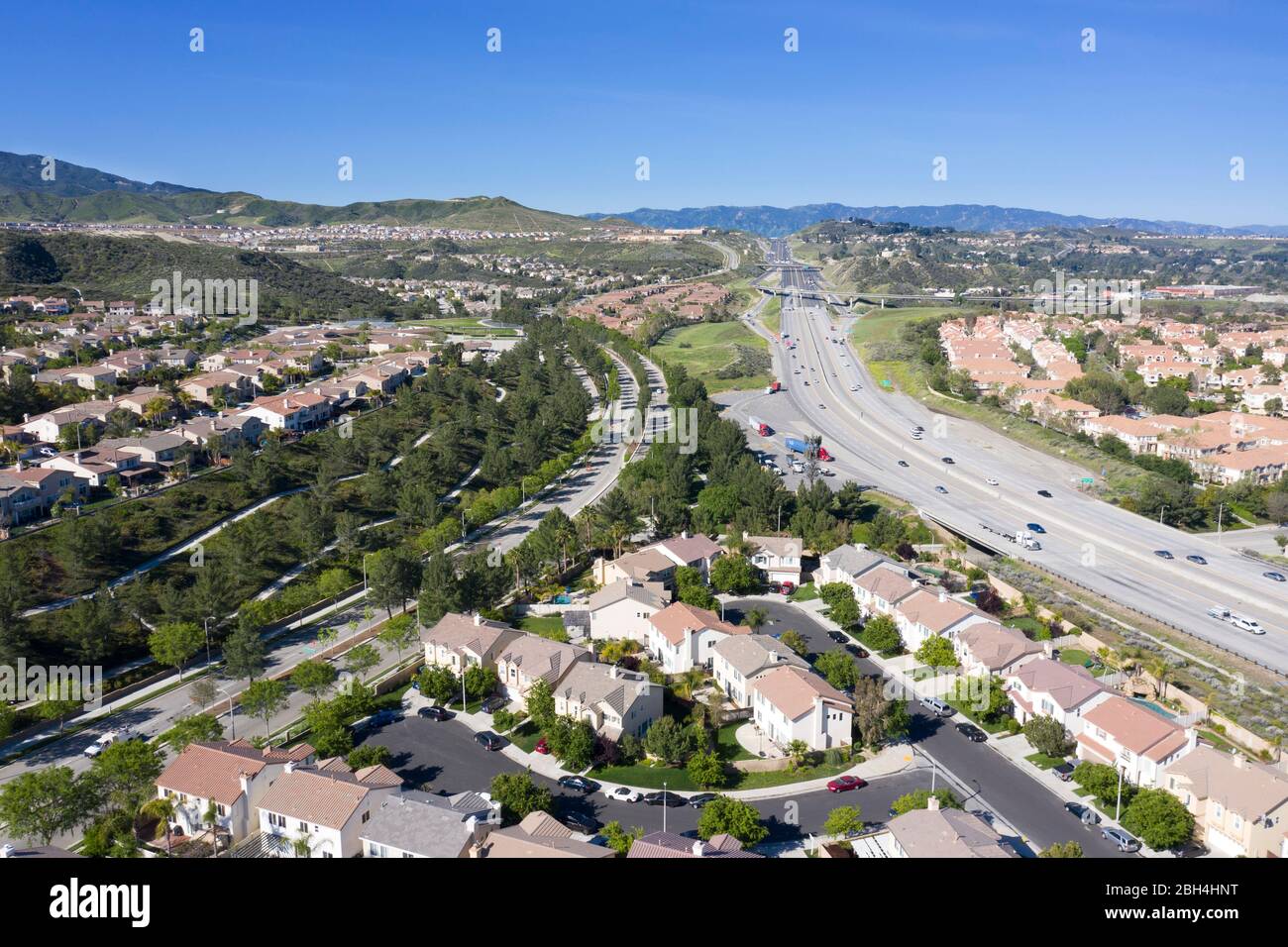 Aerial view above California highway 14 (Antelope Valley Freeway) with ...