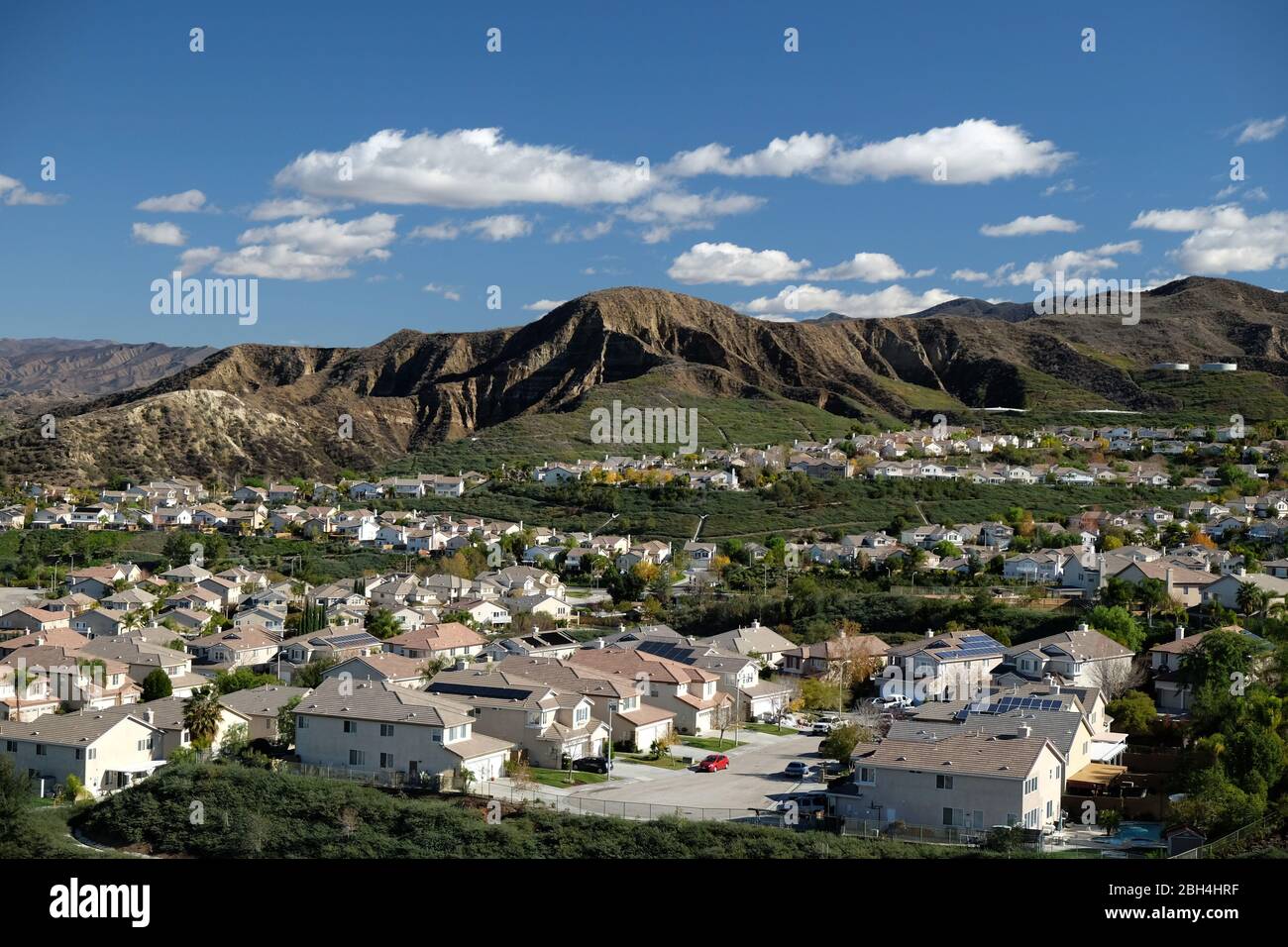Aerial view above Canyon Country sprawl rows of homes north of Los ...
