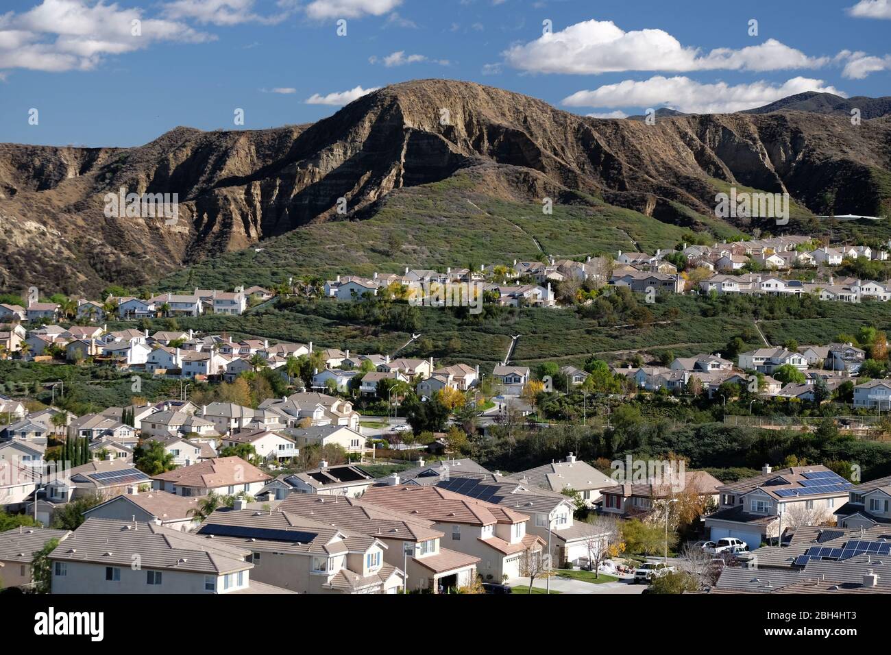 Aerial view above Canyon Country sprawl rows of homes north of Los ...