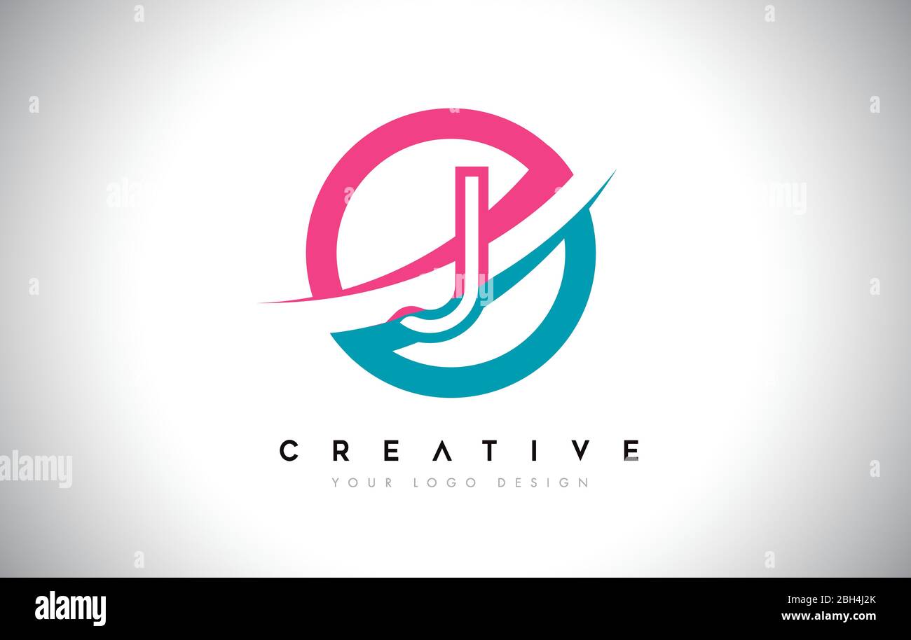 J Letter Design logo icon with circle and swoosh design and blue pink ...
