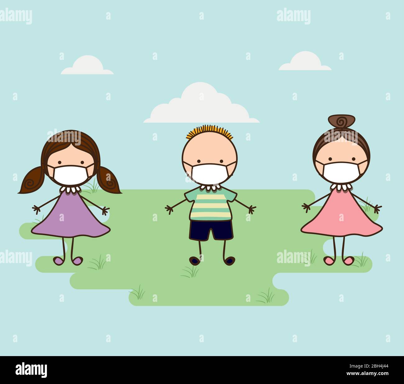 Girls and boy kids with masks against 2019 ncov virus vector design ...