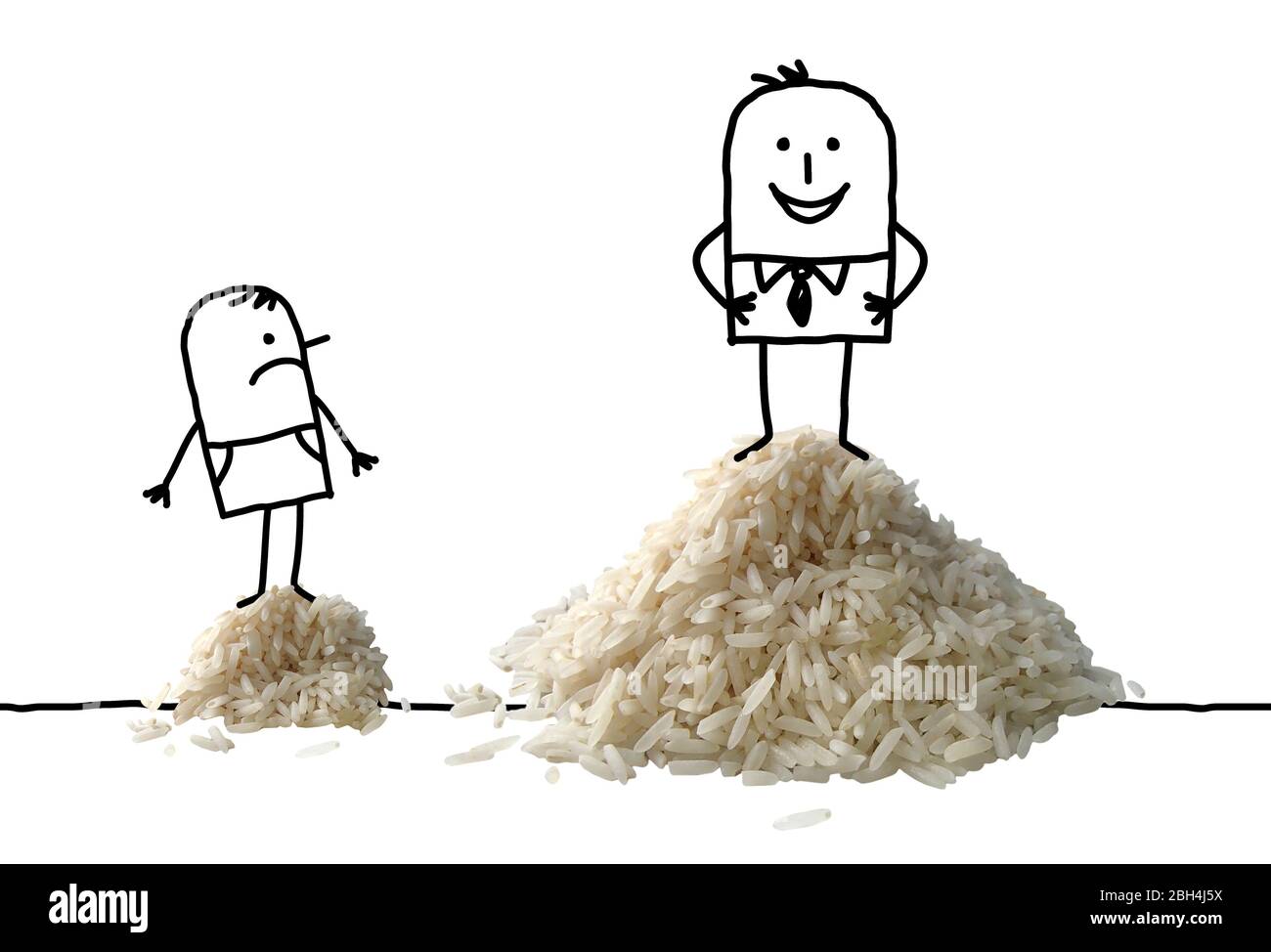 hand drawn Cartoon poor and rich men on small or big rice piles Stock ...