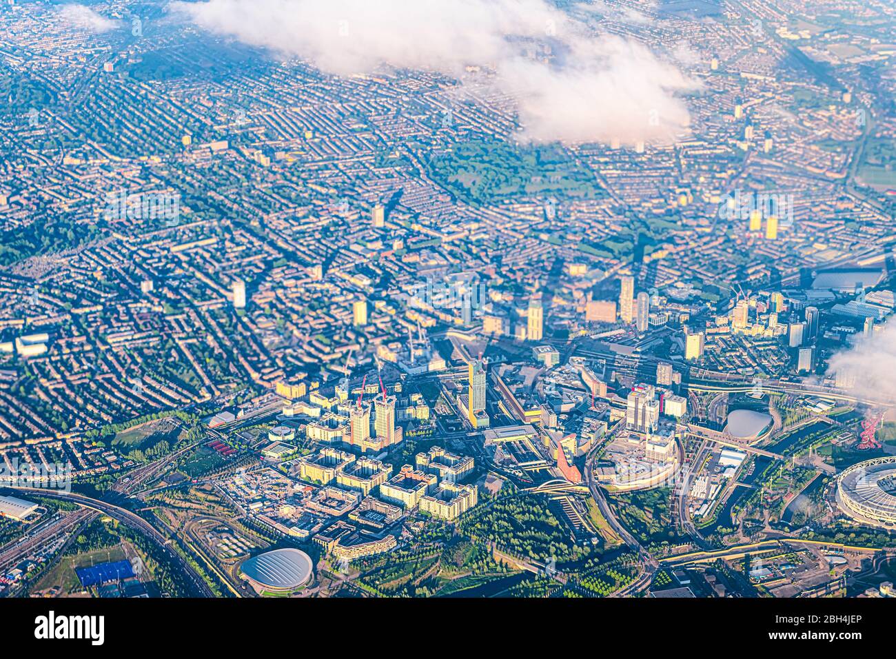 Aerial high angle above bird's eye view from airplane over Stratford ...
