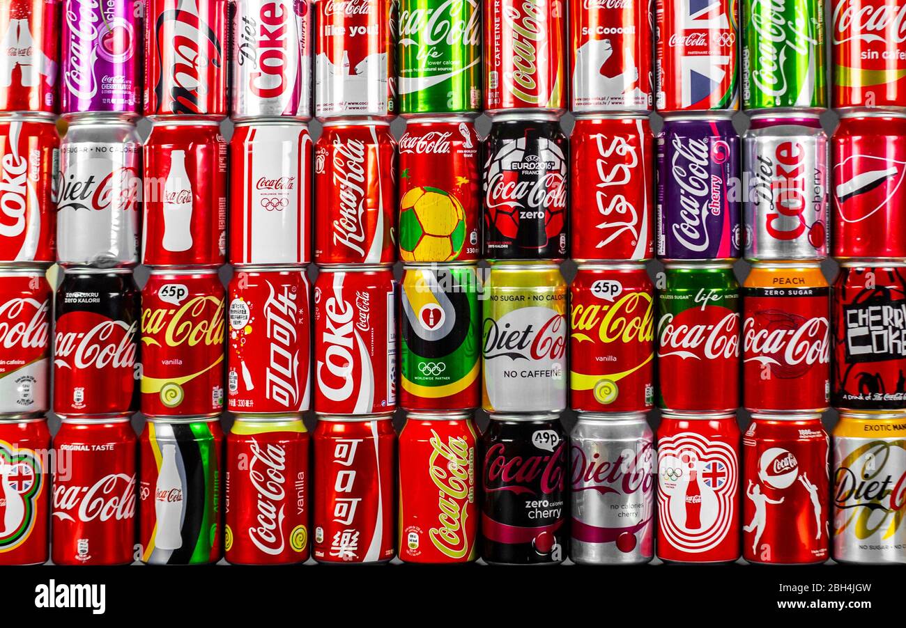 Atlanta, Georgia, USA April 4, 2020: Coca Cola background of many ...