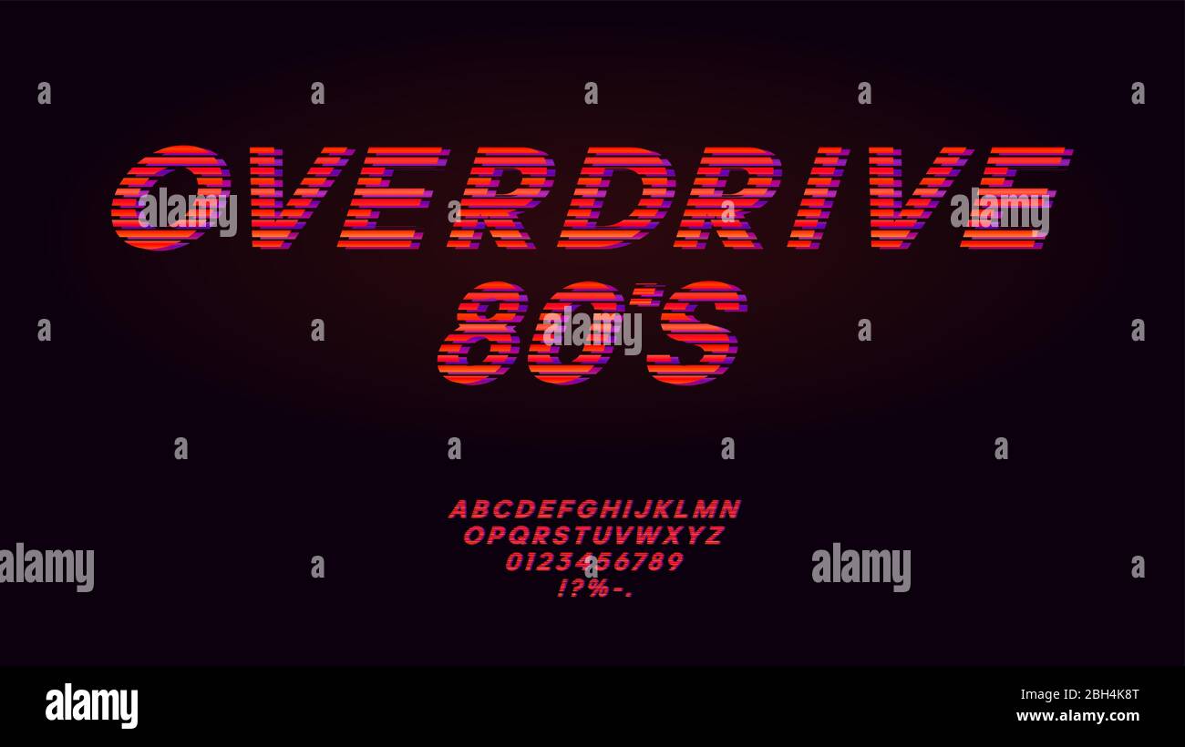 Retrowave synthwave red font design in the style of 1980s. Striped ...
