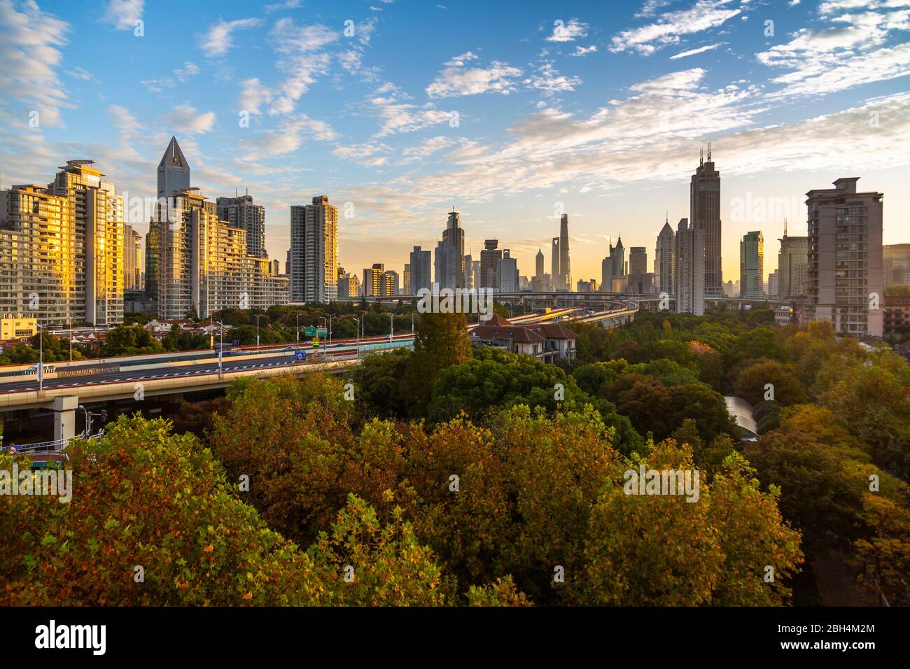 View of Shanghai skyline at sunrise, Luwan, Shanghai, China, Asia Stock ...